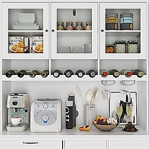 FAMAPY Kitchen Hutch Cabinet with Flip Storage for Garbage Bin, Kitchen Pantry Cabinet Cupboard with Glass Doors & Drawers, Wine Storage, Glass Holder, White (47.3”W x 15.9”D x 75.7”H)
