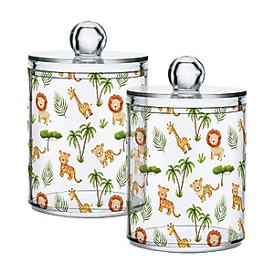 Msyxl 4 Pack Safari Animals Apothecary Jars with Lid, Qtip Holder Storage Containers for Cotton Ball, Swabs, Pads, Clear Plastic Canisters for Bathroom Vanity Organization (10 Oz)