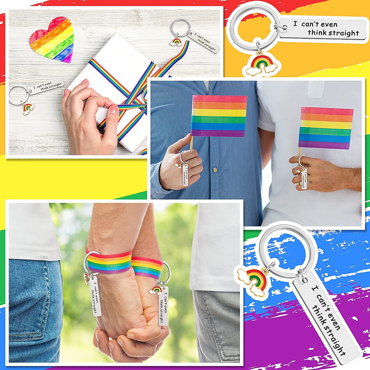 Sasylvia 2 Pcs Gay Pride Gifts Funny Gay Keychain LGBTQ Accessories Rainbow Keychain LGBT Jewelry I Can't Even Think Straight Keychain with Rainbow Charm for Lesbian Gay Christmas Birthday Stuff