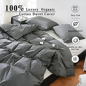 Overket 100% Organic Cotton Duvet Cover Queen Size Luxury 400 Thread Count Duvet Cover Queen Size Sateen Comforter Cover Soft and Breathable Cooling Bedding Set 3 Piece（Dark Grey，Queen）