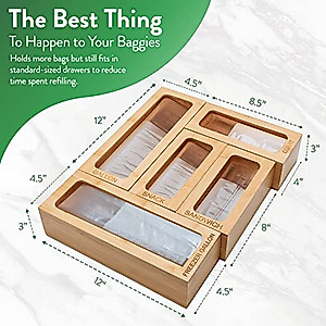 TRAKZA Bamboo Ziplock Bag Organizer for Drawer, Kitchen Storage Bag Organizer, 5 Separate Baggie Organizer for Drawer with Non-Slip Feet and Hanging Holes, kitchen organization and storage