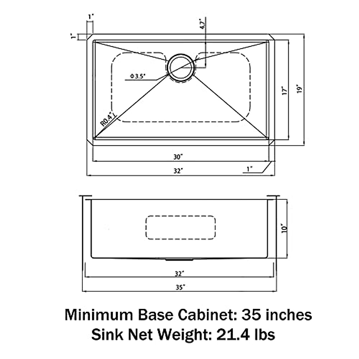 Sinber 32" x 19" x 10" Undermount Single Bowl Kitchen Sink with 18 Gauge 304 Stainless Steel Satin Finish HU3219S-S (Sink Only)