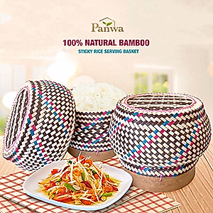 PANWA Handmade 100% Eco-Friendly Thai Bamboo Sticky Rice Serving Basket - Wickerwork with Vegetable Based Dye - Food Safe- Family Size (Toffee)