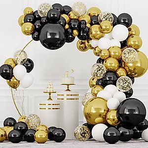 RUBFAC 140pcs Black and Gold Balloon, Balloons Garland Arch Kit, 5 10 12 18 Inch Black Gold White Latex Balloons for Graduation Party Birthday Anniversary Festival
