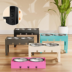 LAKIPETN Elevated Dog Bowls with 2 Stainless Steel Dog Food Bowls 5 Height Adjustable Raised Dog Bowl Stand Non-Slip Dog Feeder Adjusts to 3.1”, 9”, 10”, 11”, 12” for Medium Large Dogs - Pink