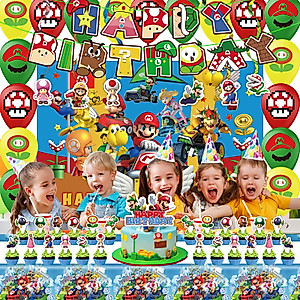 Mario Birthday Party Supplies - Mario Party Supplies Included Mario 18 Balloons, Backdrop, Banner, 6 Hanging Swirls, Tablecloth, 24 Cupcake Cake Toppers