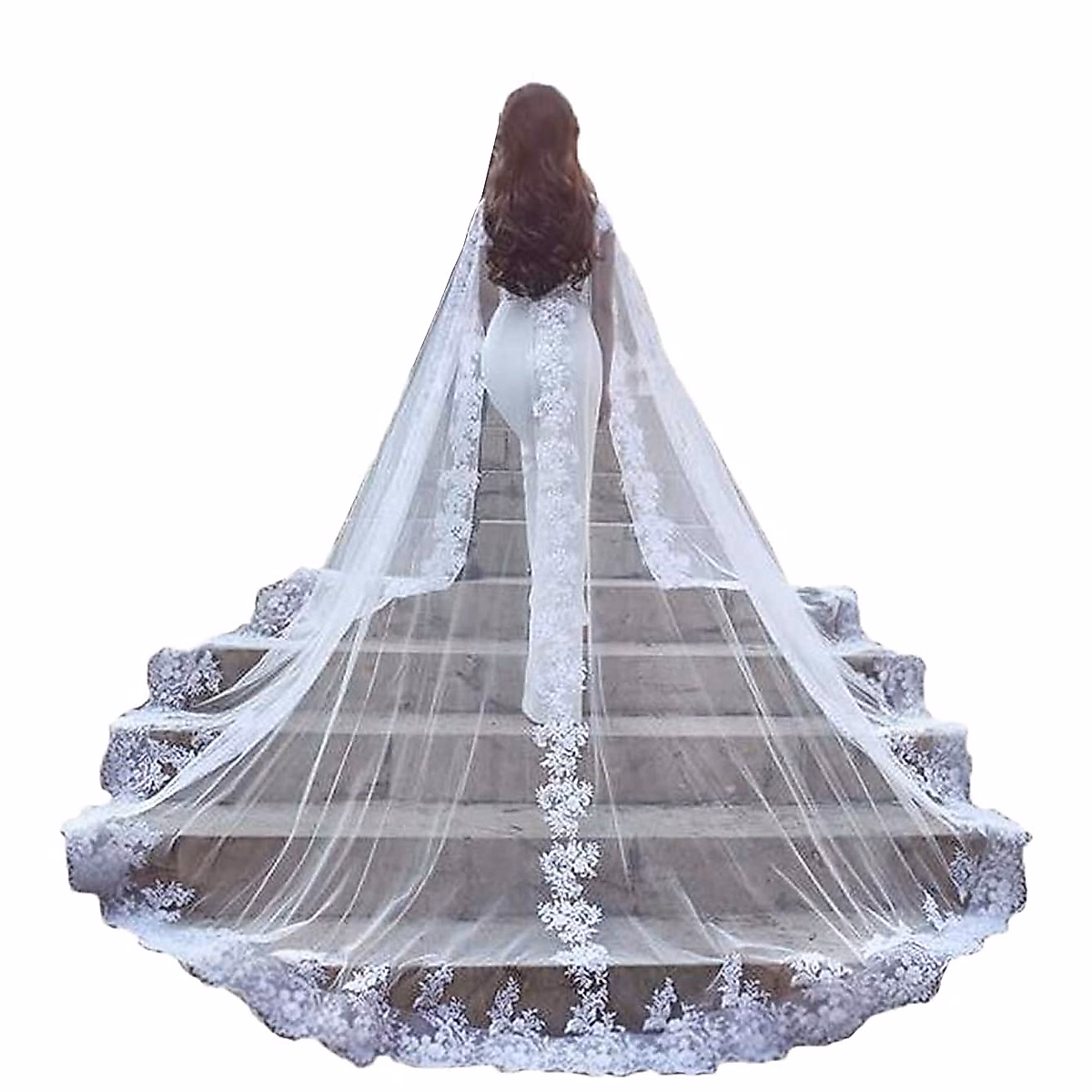Kelaixiang Women Veil Cape Tulle Lace Applique 3M 4M Wedding Capes Bridal Wraps Long Train Shawls Cloak