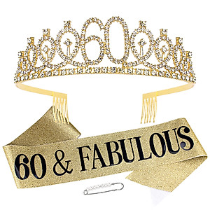 60th Birthday Sash and Tiara, Gold Tiara, 60th Birthday Gifts for Women, 60th Birthday Decorations for Women, Happy 60th Birthday Decorations