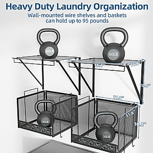 vimiroo 4 Pack Laundry Room Shelves with Steel Mesh Baskets, Easy Install Laundry Room Organization and Storage, Over The Washer and Dryer Shelf with Clothes Drying Rack with 10 Hook