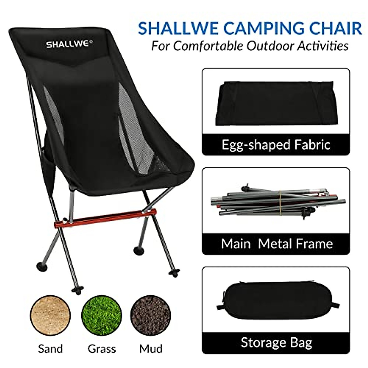 SHALLWE Ultralight High Back Folding Camping Chair, Upgraded All Aluminum Structure, Built-in Pillow, Side Pocket & Carry Bag, Compact & Heavy Duty for Outdoor Backpacking(Pitch-Dark)