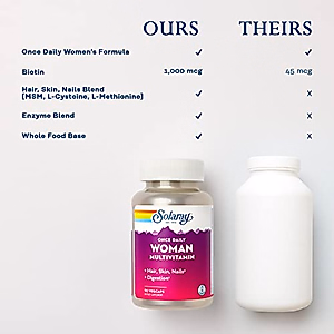 Solaray Once Daily Woman Multivitamin with Iron, Women’s Multivitamin with Hair, Skin & Nails Blend, Enzyme Blend & Whole Food Base, Healthy Energy, Immune & Digestion Support, 90 Servings, 90 VegCaps
