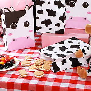 Nezyo 16 Set Cow Party Favors Bag with Tissue Paper and Stickers, Cow Print Gifts Bags with Handles, Farm Themed Goodie Treat Candy Kraft Paper Bags for Kids Cow Farm Animals Birthday Party Supplies