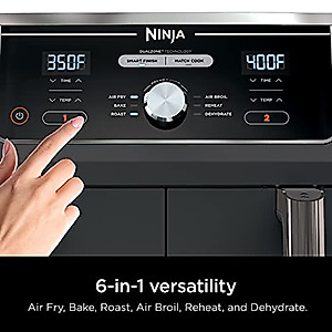 Ninja DZ401 Foodi 10 Quart 6-in-1 DualZone XL 2-Basket Air Fryer with 2 Independent Frying Baskets, Match Cook & Smart Finish to Roast, Broil, Dehydrate & More for Quick, Easy Family-Sized Meals, Grey