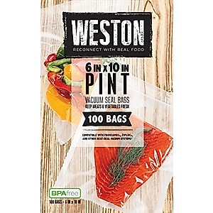 Weston Vacuum Sealer Bags, 2 Ply 3mm Thick, for NutriFresh, FoodSaver & Other Heat-Seal Systems, for Meal Prep and Sous Vide, BPA Free, 6" x 10" (Pint), 100 count, Clear