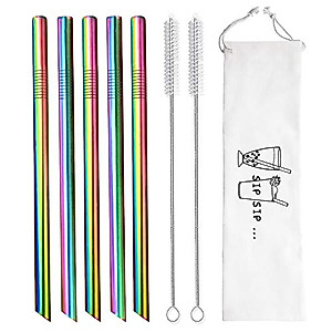 5 Pcs 10" Reusable Boba Straws & Smoothie Straws - Rainbow Colors & Angled Tips, 0.5" Wide Stainless Steel Straws, Metal Straws for Bubble Tea, Milkshakes, Jumbo Drinks | 2 Cleanning Brushes & 1 Case