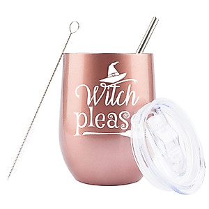 JENVIO Witchy Gifts - Rose Gold Stainless Steel Wine Tumbler/Mug with Lid and Straw - Witch Room Decor for Witchcraft Women Wicca Gothic Brew Village Glass Cup Please Broomstick Valentine's Day