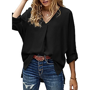Dokotoo Women Fashion Summer Casual Office V Neck Chiffon Cuffed 3/4 Sleeve Solid Tunic Blouses and Tops for Work T Shirts 2024 Black US 18 20