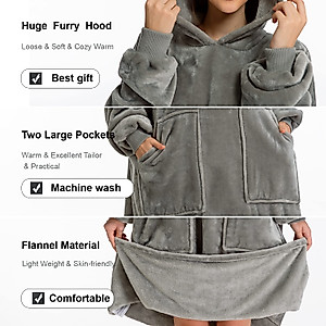 Kipswiza Oversized Wearable Blanket Flannel Soft Long Hoodie Blankets for Adults-Light Grey