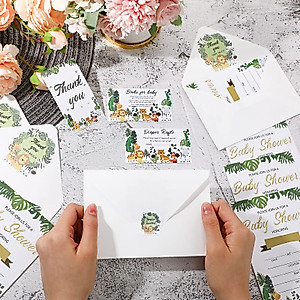 Fumete 50 Sets Woodland Baby Shower Invitations, Diaper Raffle Tickets, Baby Shower Book Request Cards with Envelopes, Invited Stickers Jungle for Baby Shower Boy