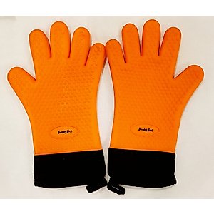 High Heat Resistant Silicone Oven Mitts Potholders Grilling Gloves, Non-Slip Five Finger Grip, Extended Wrist Protection, BBQ Camping Smoker Fryer Kitchen & Cooking (Orange)