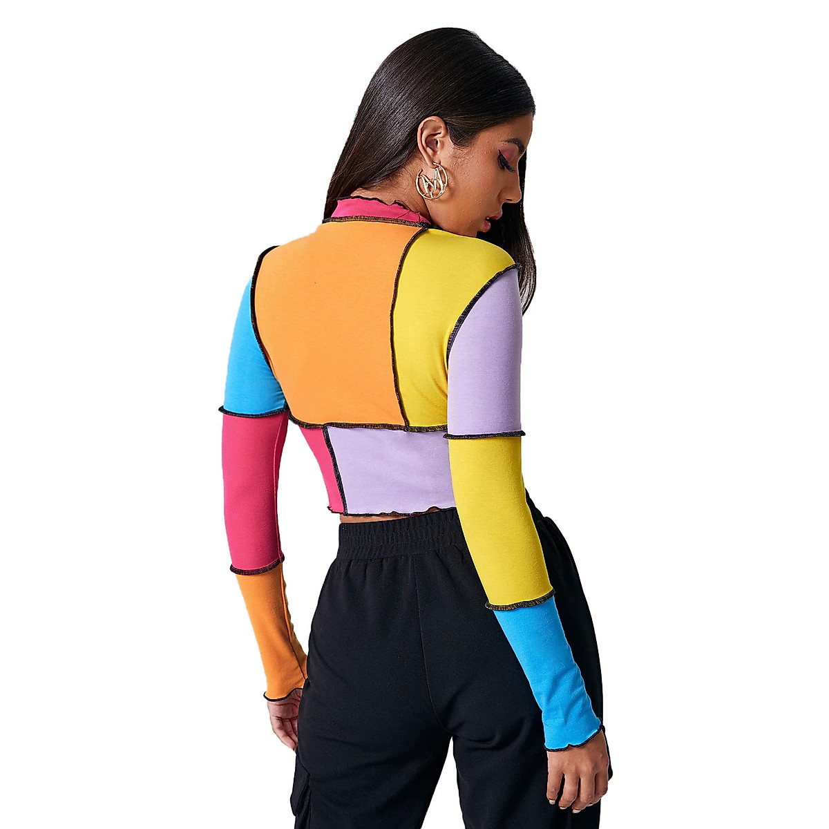 SweatyRocks Women's Color Block Ribbed Knit Slim Fitted Long Sleeve Crop Tee Shirt Top Tie Dye Orange Purple S