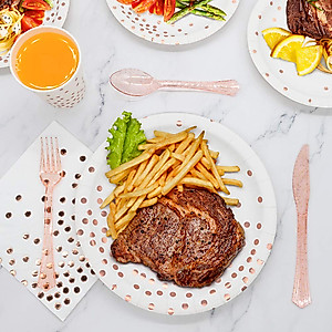 White & Rose Gold Party Supplies - 350 PCS Disposable Dinnerware Set with Paper Plates Napkins Cups, Plastic Forks Knives Spoon for Women Girls Birthday Graduation Bridal Shower Engagement Wedding