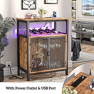 Unikito Wine Bar Cabinet with RGB Light and Outlet, FreeStanding Wine Rack Table, Liquor Cabinet with Glass Holder, Floor Bar Cabinet for Liquor and Glasses for Home Kitchen Dining Room, Rustic Brown