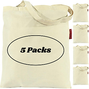 Saan Club 100% Cotton Tote Bags Bulk - Pack of 5 Canvas Tote Bags, Plain Lightweight Washable Foldable Canvas Grocery Bags, Reusable Shopping Bags for Groceries