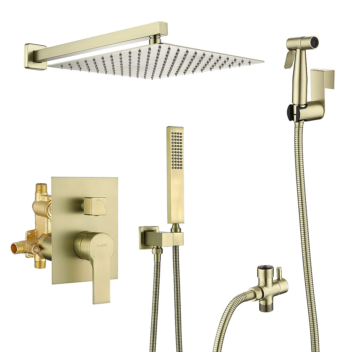 SHAMANDA Brass Rainfall Shower System with Handheld Bidet Sprayer for Toilet,Brushed Gold