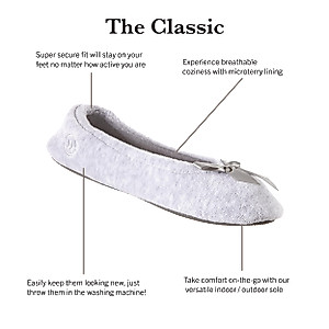 isotoner Women's Terry Ballerina Slipper with Bow for Indoor/Outdoor Comfort, HEATHER GREY, 8-9