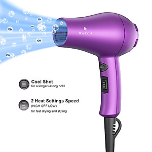 Wazor Compact 1000W Blow Dryer for Kids & Pour Painting Mini Travel Hair Dryer for RV, Ionic Lightweight Dryer with Concentrator, Cool Shot Button, Purple