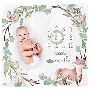Itzy Ritzy Muslin Milestone Blanket Set; Includes One Blanket and Two Date Markers; Capture Weekly and Monthly Infant Milestones, Woodland Animals