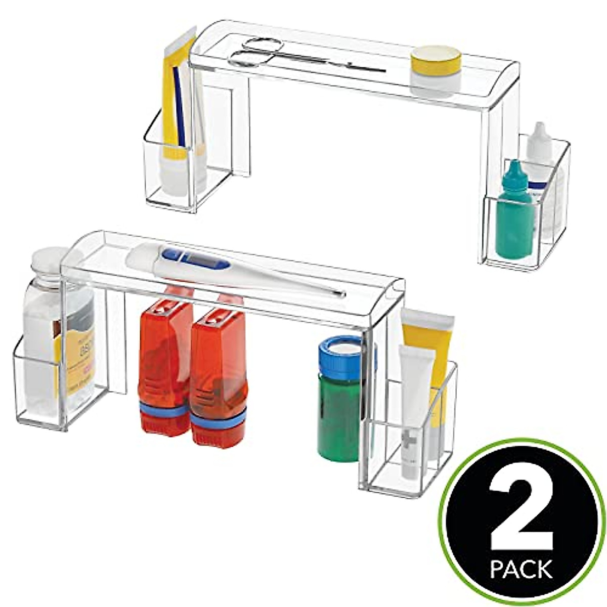 mDesign Small 2-Tier Plastic High-Rise Bathroom Cabinet Organizer - Vitamin Bottle, Medicine, Makeup Storage Shelf for Sink, Counter, and Vanity - Perfect for Hair Product Organization - 2 Pack, Clear