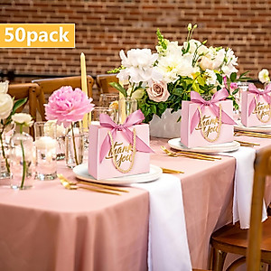 Nimbbex 50Pack Small Thank You Bags with Handles, Party Favor Bags 5.5x2.3x4.7 Inches Small Pink Gift Bags with Handles, Mini Paper Candy Bags with Pink Ribbon for Wedding Baby Shower Birthday