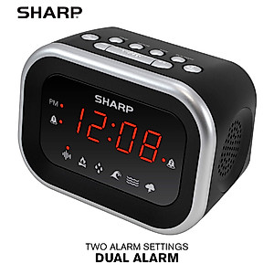 SHARP Dual Alarm Clock with Sound Machine with 6 Relaxing Sounds: White Noise, Campfire, Rain, Ocean, Brook, Thunderstorm, Easy to Use, Red LED Display