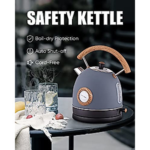 Electric Kettle, Talafa 1.7L / 1500W Retro Electric Tea Kettles for Boiling Water, Stainless Steel Hot Water Boiler with Thermometer, Auto Shut-off & Boil-Dry Protection, Anti-scald Wood Handle