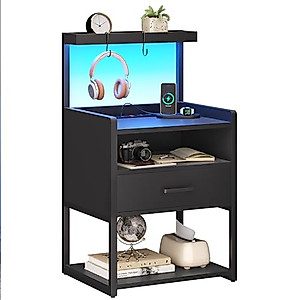 VIAGDO Nightstand with Charging Station and LED Lights, Black Night Stand with Drawer, Modern End Side Table with Open Storage Shelves, Bedside Tables for Bedroom, Office