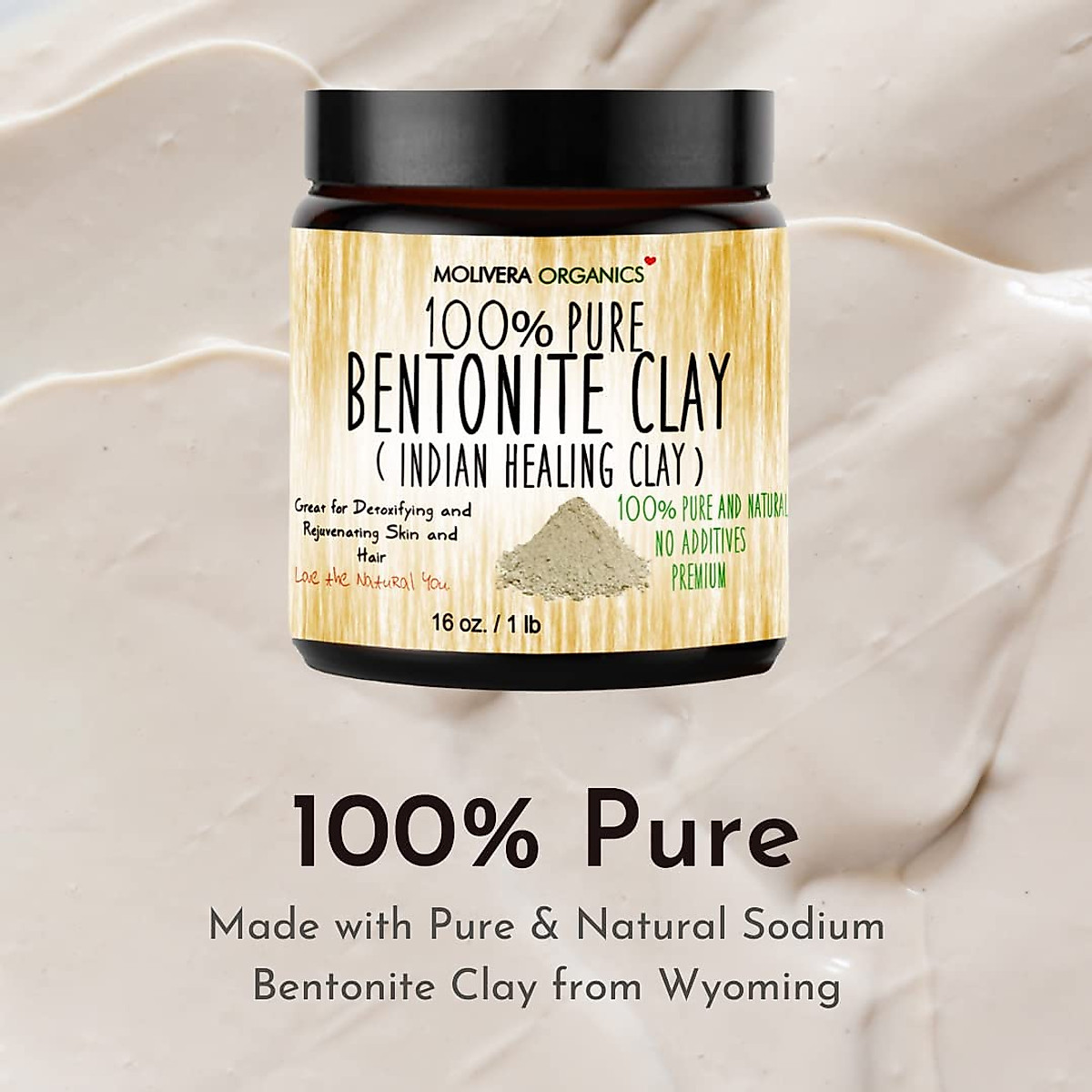 Molivera Organics Premium 1 lb Bentonite Clay Pure, Natural Detoxifying Clay for Face Masks, Hair Care & More - Best Healing Clay - USA Made