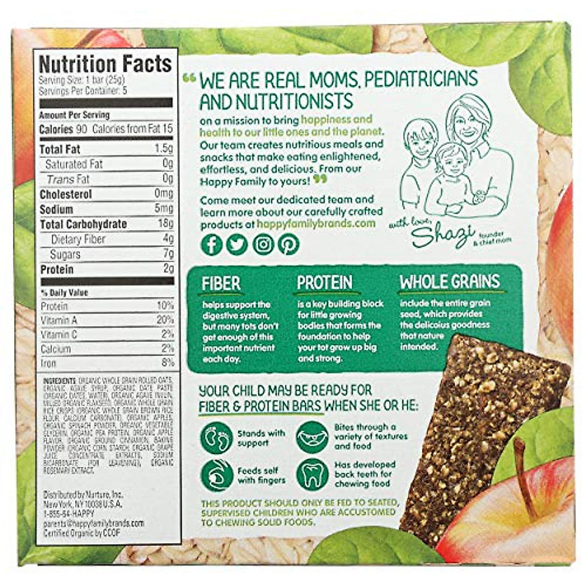 Happy Tot Organics Fiber & Protein Soft-Baked Oat Organic Toddler Snack Apple & Spinach, Organic Gluten Free Kosher Non-GMO, 4.4 Ounce Bars (pack of 5)