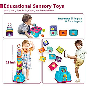 Baby Stacking Toys for Toddlers 1-3, Nesting Cups Shape Sorter for Infant 6 to 12-18 Months, Stackable Blocks Learning Toy with Rattle & Free Frog Bath Toy, Birthday Gifts for Kids 9-12 Month Girl Boy