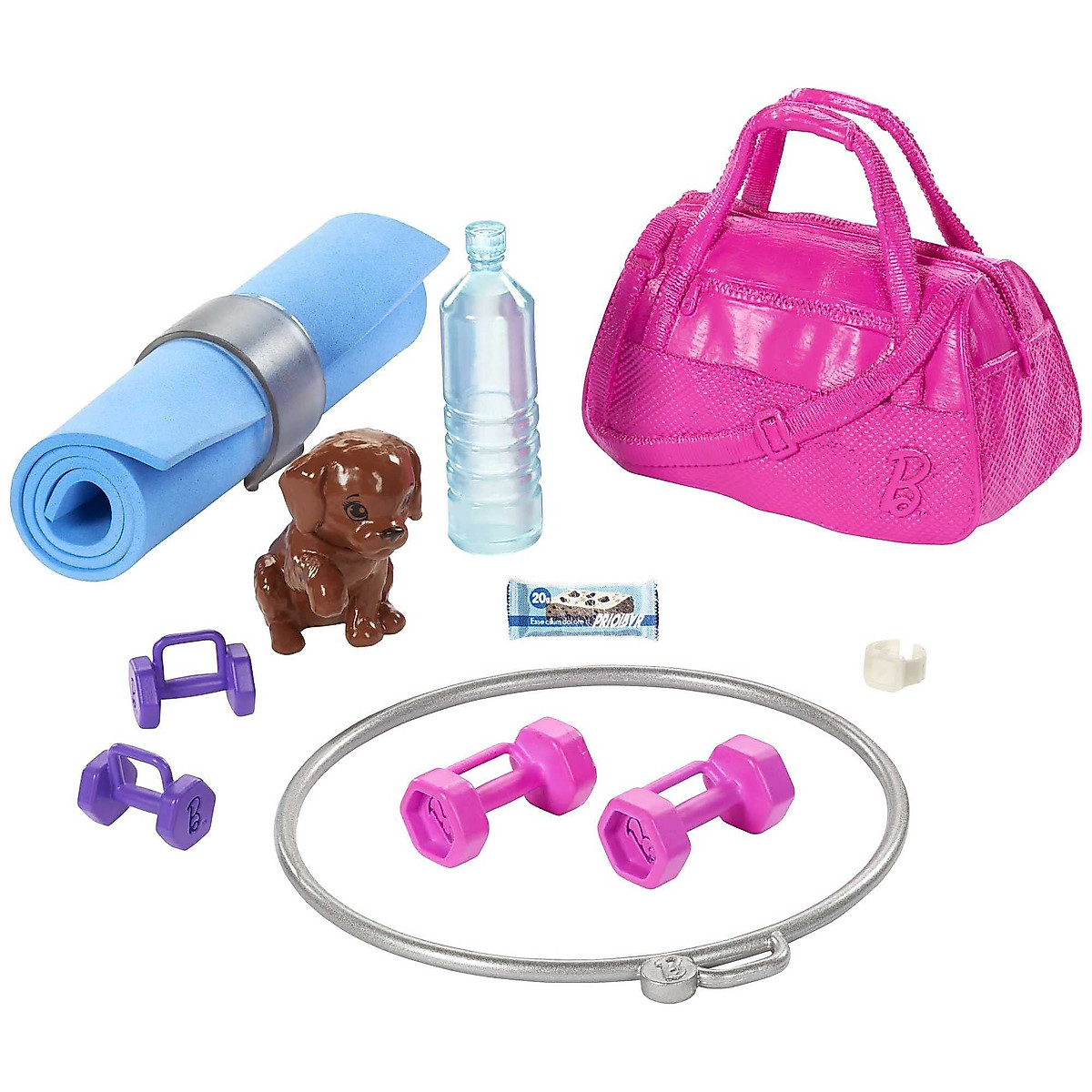 Barbie Doll, Red-Haired Fitness Doll with Puppy & 9 Accessories Including Yoga Mat with Strap, Hula Hoop, Weights & Bag