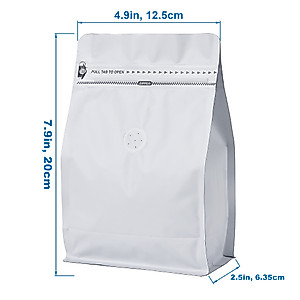 50 Count 8 Ounce Matt White Aluminum Foil Coffee Bags, Stand Up/Flat Bottom Side Gusset Coffee Pouches with Air Release Valve and Reusable Side Zipper (50, 8OZ, 0.5LB, 250G)