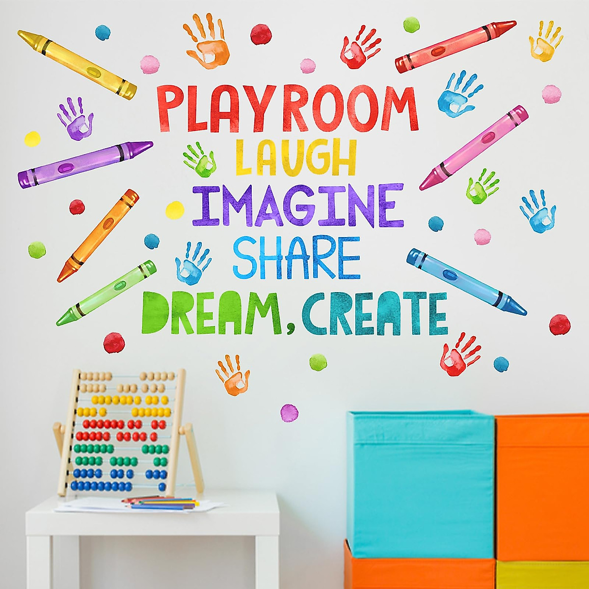 Mfault Playroom Wall Decals Stickers, Crayon Handprint Polka Dots Inspirational Quote Nursery Decorations Daycare Art, Laugh Imagine Share Dream Create Toddler Kids Room Bedroom School Classroom Decor