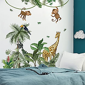 Large Size Tropical Palm Green Leaf Plant Animals Jungle Wall Decals For Kids Room Bedroom Cute Monkey Zebra Giraffe Big Vinyl Self-adhesive Wallpaper Peel and Stick Woodland Forest Kindergarten Decoration Sticker Removable DIY Nursery Mural