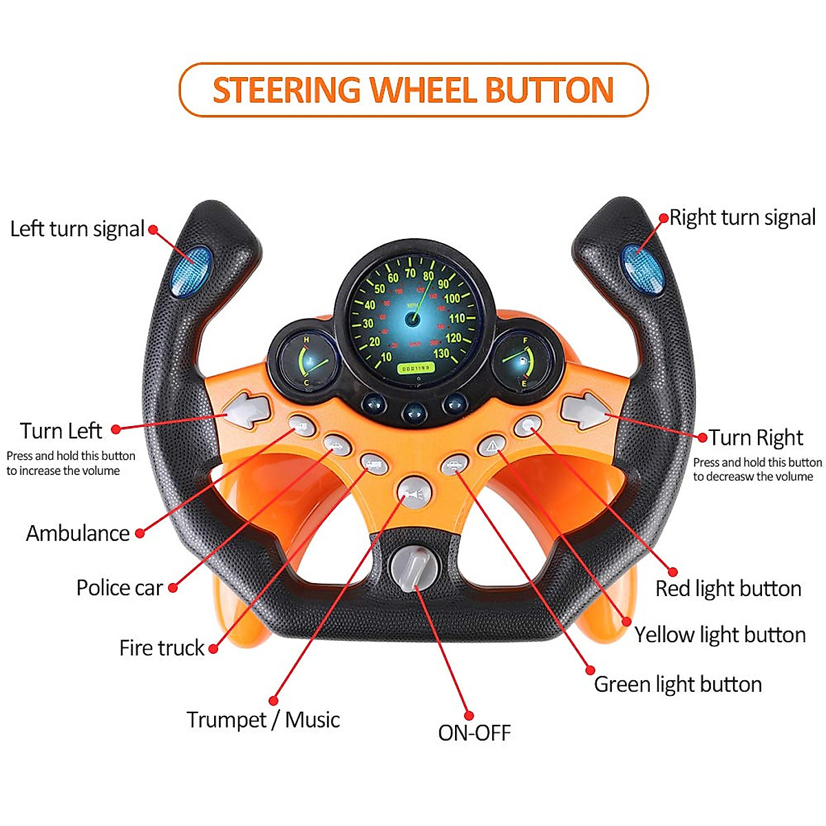 Coherny Steering Wheel Toy Driving Controller Portable Driving Copilot Toy Educational Sounding Toy Gift Driving Wheel with Music for Kids (Orange)