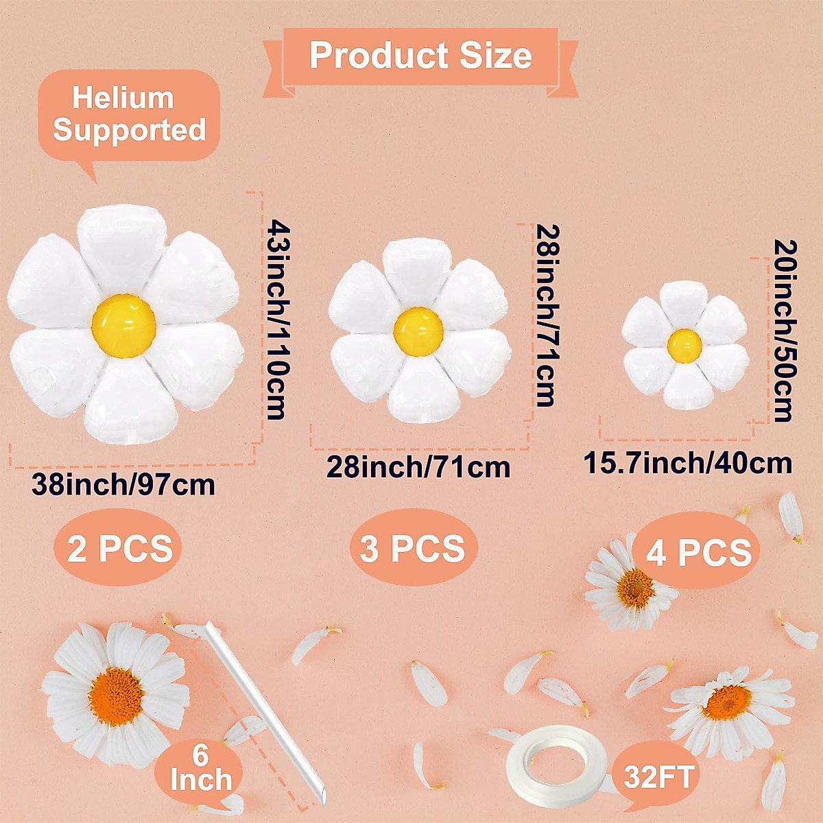 9 Pieces Large Daisy Flower Balloons Set - 3 Sizes White Flower Shaped Aluminum Foil Balloon for Daisy Birthday Decorations, Baby Shower, Wedding, Groovy Boho Daisy Party Supplies