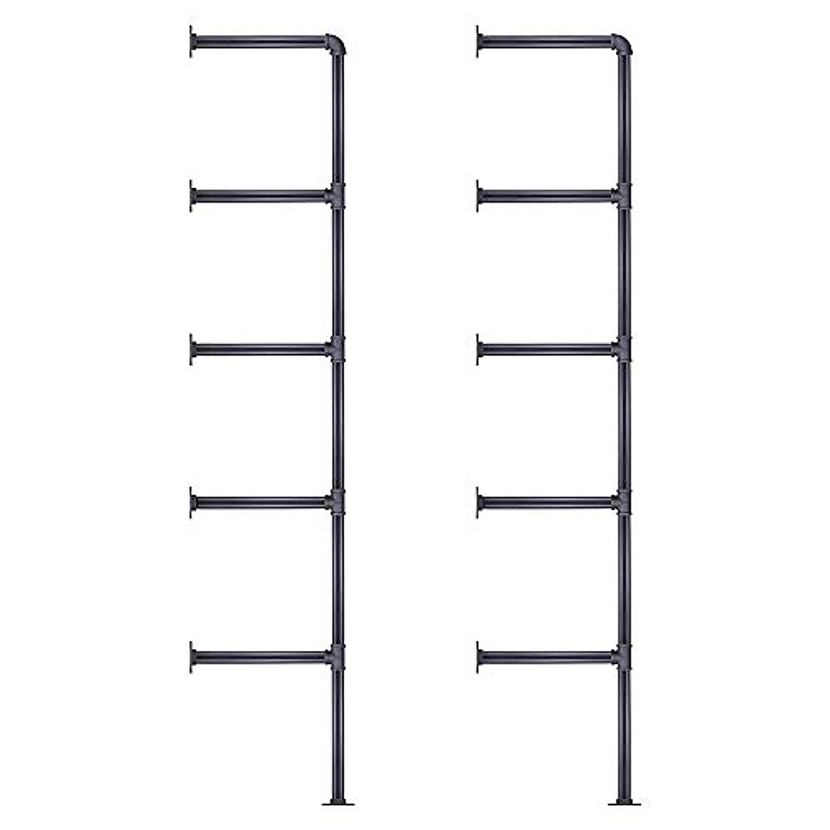 MUZIK 5 Tier Industrial Wall Mount Iron Pipe Shelf, 3/4 Inches Malleable Cast Iron Pipe Wall Mount Bookshelf Shelving Unit, DIY Open Bookshelf, Shelf Shelves, 2 Pack 65 Inch Tall