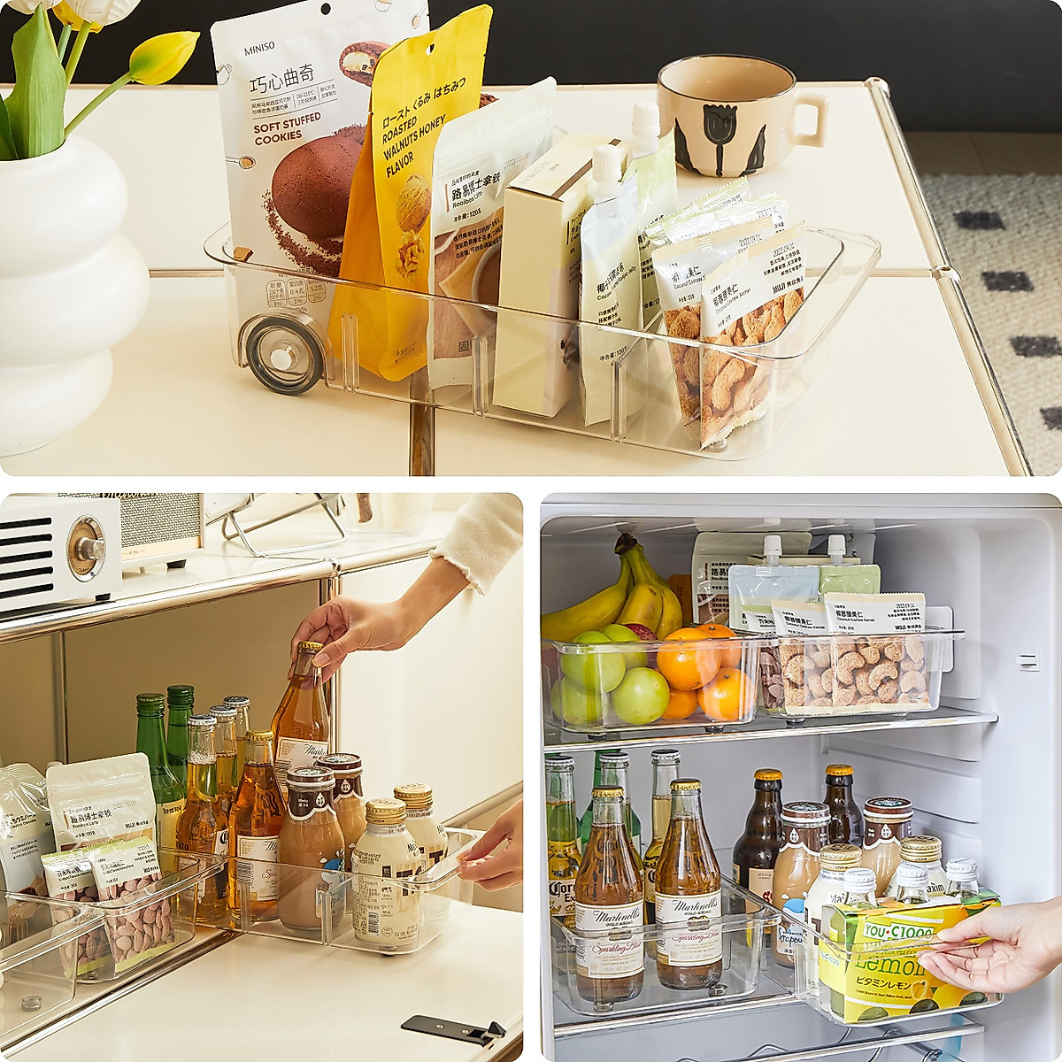 LXLXXL Fridge Organizer Bins With Wheels, 3 Pack Roll Out Refrigerator Organizers And Storage Refrigerator Drawer With Dividers, Upgrade Thick Plastic Pantry Storage Bins, Kitchen Organization