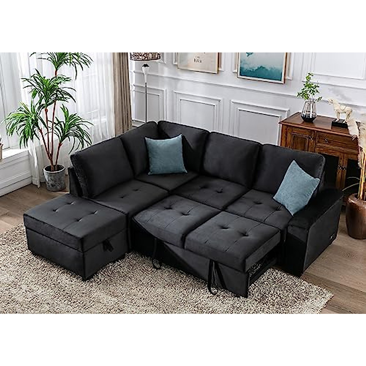 Merax Sofa Bed Sleeper Couch L Shaped Sofa with Storage Ottoman, L-Shape Sectional Couch with Comfortable backrest for Living Room and Small Apartment (Black)