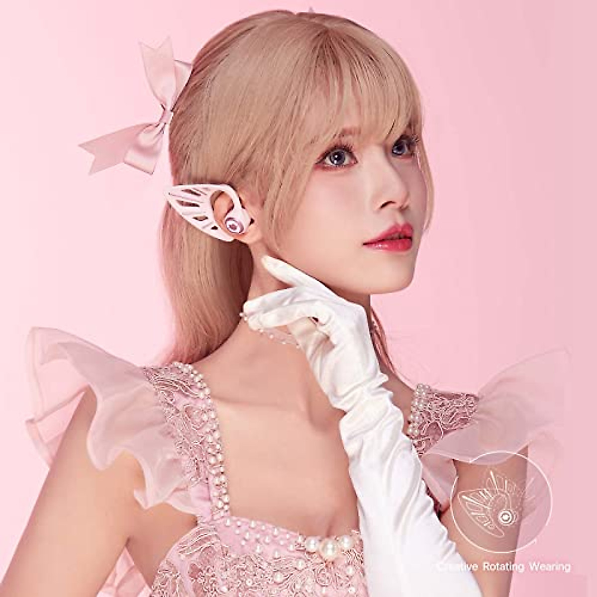 YOWU Elf Ear Headphones, Wireless 5.0 Earphones, 10 Colors RGB Effects with App Control, Dual Microphone Noise Reduction, IPX4 Water Resistant, Elf in-Ear Earbuds with Charging Case, Pink